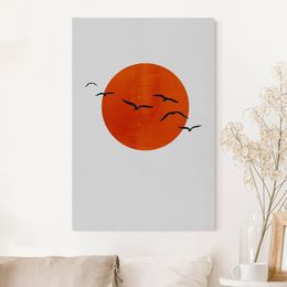 Bilderwelten Akustikbild Natur rot modern Aquarell - Vogelschwarm vor roter Sonne I - Sonnenuntergang Wohnzimmer Schlafzimmer