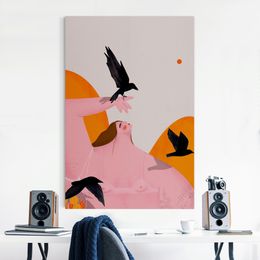 Bilderwelten Akustikbild Tiere beige Illustration Schallschutzbild - Vogelfreundin - V&ouml;gel Wohnzimmer Schlafzimmer