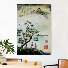 Bilderwelten Akustikbild Wald gr&uuml;n Vintage Aquarell - Japanische Aquarell Zeichnung Kiefer und Bergdorf - Berg Wohnzimmer Schlafzimmer