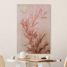 Bilderwelten Akustikbild Natur rosa modern Schallschutzbild - Goldene Sonne mit Rosa Bambus - Bambus Wohnzimmer Schlafzimmer