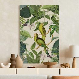 Bilderwelten Akustikbild Tiere gr&uuml;n Landhaus Schallschutzbild - Vintage Collage - Papageien im Dschungel - Pflanzen Wohnzimmer Schlafzimmer