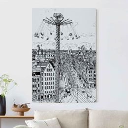 Bilderwelten Akustikbild Stadt beige Illustration Schallschutzbild - Stadtstudie - Kettenkarussell - Architektur Wohnzimmer Schlafzimmer