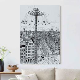 Bilderwelten Akustikbild Stadt beige Illustration Schallschutzbild - Stadtstudie - Kettenkarussell - Architektur Wohnzimmer Schlafzimmer