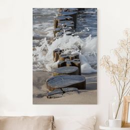 Bilderwelten Akustikbild Strand beige Motiv Schallschutzbild - Wellenbrecher am Strand - Landschaft Wohnzimmer Schlafzimmer