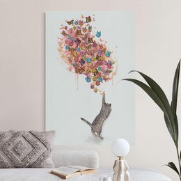 Bilderwelten Akustikbild Tiere rosa modern Aquarell - Illustration Katze mit bunten Schmetterlingen Malerei - Katze Jugendzimmer