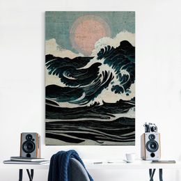 Bilderwelten Akustikbild Natur blau maritim Schallschutzbild - Shabby Wellen Illustration mit Sonne - Landschaft Wohnzimmer Schlafzimmer