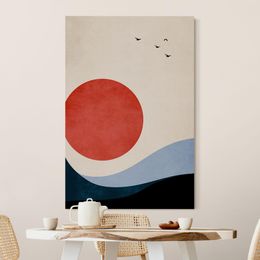 Bilderwelten Akustikbild Strand rot Abstrakt Schallschutzbild - V&ouml;gel in rotem Sonnenuntergang - Sonnenuntergang Wohnzimmer Schlafzimmer