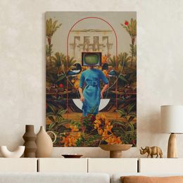 Bilderwelten Akustikbild Blumen bunt Fotomontage Schallschutzbild - Retro Dschungel Fernseher - V&ouml;gel Wohnzimmer Schlafzimmer