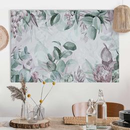 Bilderwelten Akustikbild Blumen gr&uuml;n Tropisch Aquarell - Botanik in Pastell Gr&uuml;n & Rosa - Pflanzen Wohnzimmer Schlafzimmer