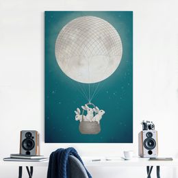 Bilderwelten Akustikbild Tiere t&uuml;rkis modern Schallschutzbild - Illustration Hasen Mond-Hei&szlig;luftballon Sternenhimmel - Wandbild Kinderzimmer Baby M&auml;dchen Jungen