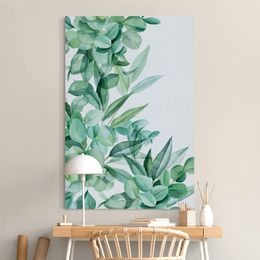 Bilderwelten Akustikbild gr&uuml;n Tropisch Aquarell - Dickicht Eukalyptusbl&auml;tter Aquarell - Pflanzen Wohnzimmer Schlafzimmer