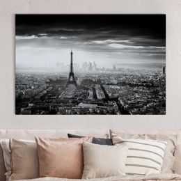 Bilderwelten Akustikbild Stadt schwarz weiss Motiv Schallschutzbild - Der Eiffelturm von Oben Schwarz-wei&szlig; - Architektur Wohnzimmer Schlafzimmer