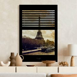 Bilderwelten Akustikbild Stadt bunt Motiv Schallschutzbild - Fensterausblick Jalousie - Paris Eiffelturm Sonnenuntergang - Architektur Wohnzimmer Schlafzimmer