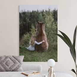Bilderwelten Akustikbild Tiere gr&uuml;n Motiv Schallschutzbild - M&auml;dchen mit Braunb&auml;r - B&auml;r Wohnzimmer Schlafzimmer