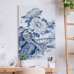 Bilderwelten Akustikbild Blumen blau Vintage Schallschutzbild - Cyanotypie Goldfasan und Pfingstrosen - Retro Wohnzimmer Schlafzimmer