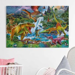 Bilderwelten Akustikbild bunt Illustration Schallschutzbild - Dinosaurier im Urzeitgewitter - Dinosaurier Kinderzimmer Baby M&auml;dchen Jungen