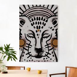 Bilderwelten Akustikbild Tiere schwarz weiss modern Schallschutzbild - Gepard mit Perlenohrringen Illustration - Wandbild Jugendzimmer