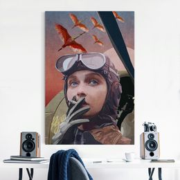 Bilderwelten Akustikbild originell rot modern Schallschutzbild - Emel Tunaboylu - Vintage Pilotin - Wandbild Wohnzimmer Schlafzimmer