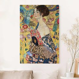 Bilderwelten Akustikbild originell gelb modern Schallschutzbild - Gustav Klimt - Dame mit F&auml;cher - Wandbild Wohnzimmer Schlafzimmer