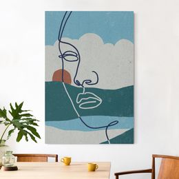 Bilderwelten Akustikbild Portrait blau Line Art Schallschutzbild - Lineart Portrait mit Sonne - Wandbild Wohnzimmer Schlafzimmer