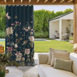 Outdoor Vorhang nach Ma&szlig; blickdicht - Illustrierte Blumen Chinoiserie auf Dunkelblau - blau Blumen Illustration mit &Ouml;sen Schmetterlinge Balkon Pergola