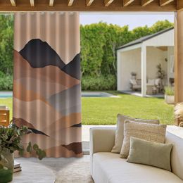 Bilderwelten Outdoor Vorhang nach Ma&szlig; blickdicht beige Natur modern mit &Ouml;sen - Grafische Landschaft in Braun - Berg Balkon Pergola
