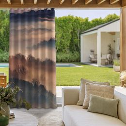 Bilderwelten Outdoor Vorhang nach Ma&szlig; blickdicht beige Wald Motiv mit &Ouml;sen - Nebel bei Sonnenuntergang - B&auml;ume Balkon Pergola