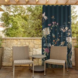 Bilderwelten Outdoor Vorhang nach Ma&szlig; blickdicht blau Blumen Illustration mit &Ouml;sen - Illustrierte Blumen Chinoiserie auf Dunkelblau - Schmetterlinge Balkon Pergola