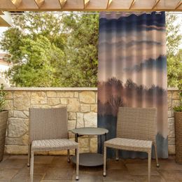 Outdoor Vorhang nach Ma&szlig; blickdicht - Nebel bei Sonnenuntergang - beige Wald Motiv mit &Ouml;sen B&auml;ume Balkon Pergola