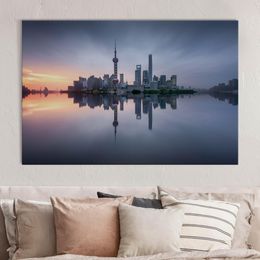 Bilderwelten Akustikbild Stadt blau Motiv Schallschutzbild - Shanghai Skyline Morgenstimmung - Architektur Wohnzimmer Schlafzimmer