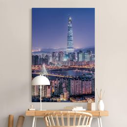 Bilderwelten Akustikbild Stadt blau Motiv Schallschutzbild - Lotte World Tower bei Nacht - Architektur Wohnzimmer Schlafzimmer