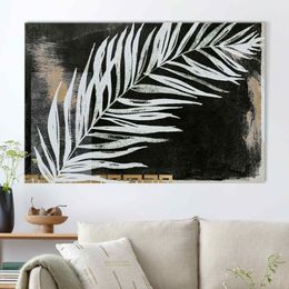 Bilderwelten Akustikbild originell schwarz Tropisch Schallschutzbild - Palmenblatt auf Schwarz und Gold - Wandbild Wohnzimmer Schlafzimmer