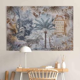 Bilderwelten Akustikbild Tiere beige Vintage Schallschutzbild - Vintage Collage Landkarte Afrika - Pflanzen Wohnzimmer Schlafzimmer