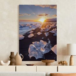 Bilderwelten Akustikbild Strand blau Motiv Schallschutzbild - Eisbrocken am Strand Island - Landschaft Wohnzimmer Schlafzimmer