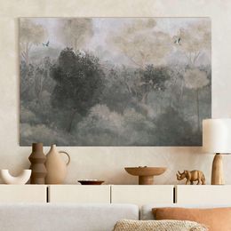 Bilderwelten Akustikbild Wald gr&uuml;n Vintage Schallschutzbild - Schwalben &uuml;ber Baumkronen - B&auml;ume Wohnzimmer Schlafzimmer