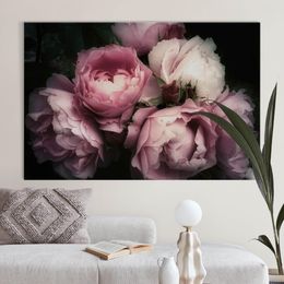 Bilderwelten Akustikbild Blumen rosa Landhaus Schallschutzbild - Pfingstrosen vor Schwarz Shabby - Rose Wohnzimmer Schlafzimmer