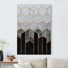 Bilderwelten Akustikbild originell schwarz weiss Abstrakt Aquarell - Goldene Sechsecke Schwarz Wei&szlig; - Geometrisch Wohnzimmer Schlafzimmer