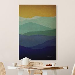 Bilderwelten Akustikbild Natur blau Abstrakt Schallschutzbild - Gr&uuml;ne Berge vor gelbem Himmel - Berg Wohnzimmer Schlafzimmer