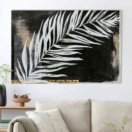 Bilderwelten Akustikbild originell schwarz Tropisch Schallschutzbild - Palmenblatt auf Schwarz und Gold - Wandbild Wohnzimmer Schlafzimmer
