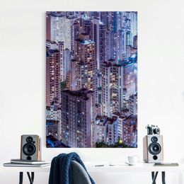 Bilderwelten Akustikbild Stadt grau Motiv Schallschutzbild - Hongkong Lichtermeer - Asia Wohnzimmer Schlafzimmer