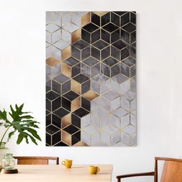 Bilderwelten Akustikbild originell schwarz weiss Abstrakt Aquarell - Schwarz Wei&szlig; goldene Geometrie - Geometrisch Wohnzimmer Schlafzimmer
