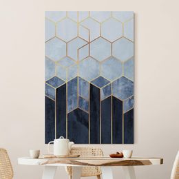 Bilderwelten Akustikbild originell blau Abstrakt Aquarell - Goldene Sechsecke Blau Wei&szlig; - Geometrisch Wohnzimmer Schlafzimmer
