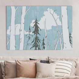 Bilderwelten Akustikbild Wald blau Abstrakt Schallschutzbild - Gezeichneter Wald - B&auml;ume Wohnzimmer Schlafzimmer