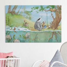 Bilderwelten Akustikbild Wald t&uuml;rkis Illustration Aquarell - Wassili Waschb&auml;r - Ein Fahrstuhl f&uuml;r Elsa - B&auml;ume Kinderzimmer Baby M&auml;dchen Jungen