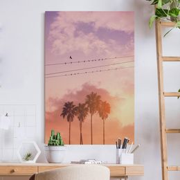 Bilderwelten Akustikbild Natur pastell Vintage Schallschutzbild - V&ouml;gel auf der Stromleitung - Sonnenuntergang Wohnzimmer Schlafzimmer