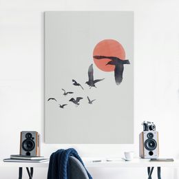 Bilderwelten Akustikbild Tiere beige modern Aquarell - Vogelschwarm vor Sonne - V&ouml;gel Wohnzimmer Schlafzimmer