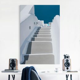 Bilderwelten Akustikbild Stadt blau modern Schallschutzbild - Santorinis Treppe ins Meer - Architektur Wohnzimmer Schlafzimmer
