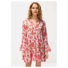 Longbluse Lascana, Damen, Gr. 40/42, bunt (orange, pink bedruckt), Web, Obermaterial: 58% Viskose, 28% Baumwolle, 14% Leinen, bedruckt, figurumspielend knieumspielend, Rundhals, Volant, Blusen Longbluse, mit modischen Volants