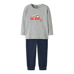 Schlafanzug name it "NMMNIGHTSET GREY FIRETRUCK NOOS", Jungen, Gr. 86/92, grau melange, Jersey, Obermaterial: 95% Baumwolle, 5% Elasthan, bedruckt, mehrfarbig, meliert, Basic lang, Rundhals, Homewear-Sets Schlafanzug