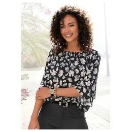 Carmenbluse Lascana, Damen, Gr. 46, schwarz (schwarz, bedruckt), Web, Obermaterial: 100% Viskose, bedruckt, figurumspielend h&uuml;ftlang, Carmenausschnitt, Volant, Blusen, mit Alloverprint, Damenbluse, schulterfrei, casual